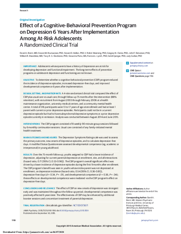 (PDF) Effect of a Cognitive-Behavioral Prevention Program on Depression ...