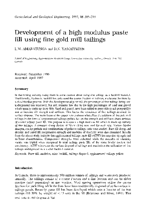 (PDF) Development of a high modulus paste fill using fine gold mill ...