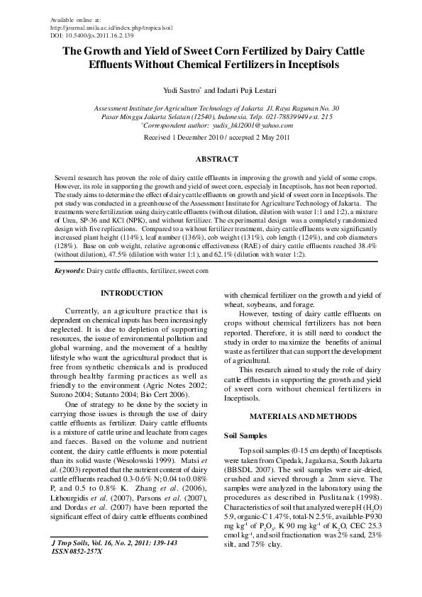 (PDF) The Growth and Yield of Sweet Corn Fertilized by Dairy Cattle ...