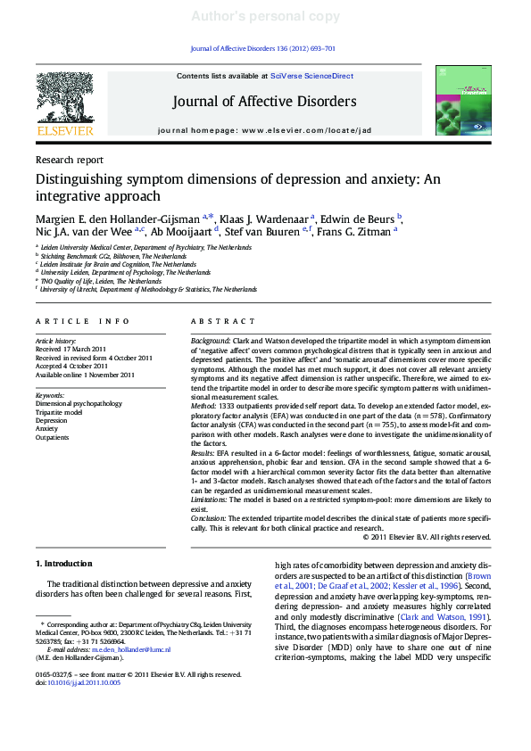 (PDF) Distinguishing symptom dimensions of depression and anxiety: An ...