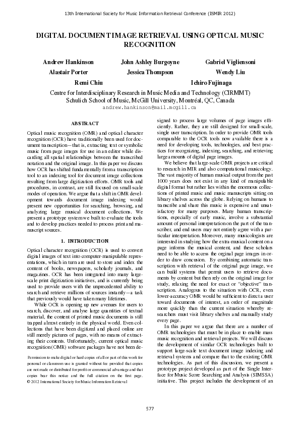 (PDF) Digital Document Image Retrieval Using Optical Music Recognition