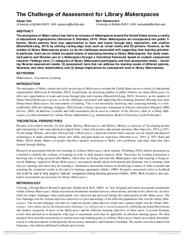 (PDF) The challenge of assessment for library Makerspaces