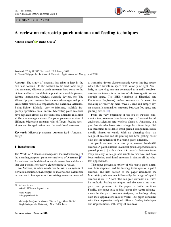 (PDF) A review on microstrip patch antenna and feeding techniques