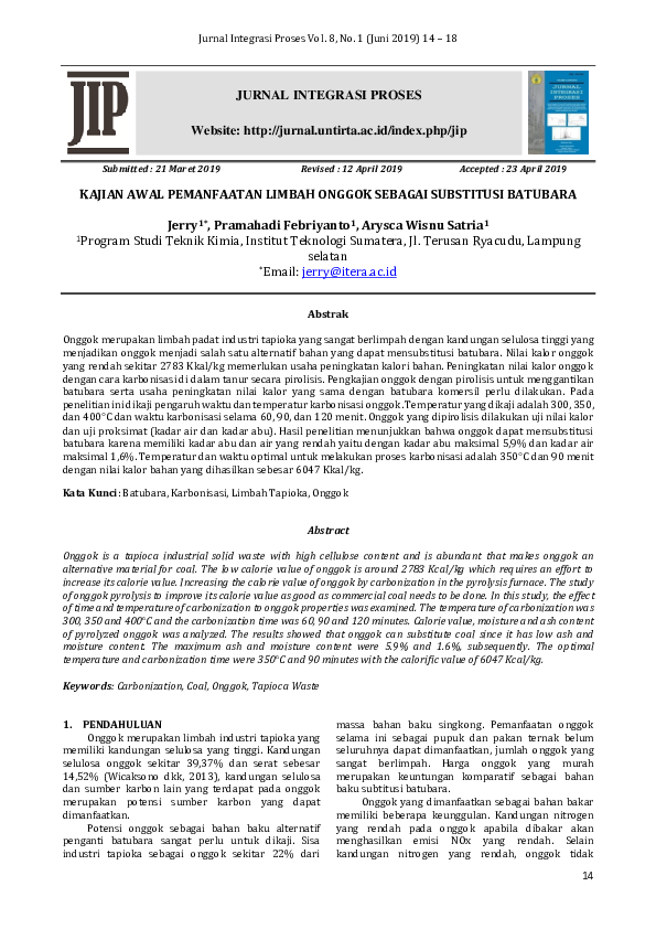 (PDF) Kajian Awal Pemanfaatan Limbah Onggok Sebagai Substitusi Batubara