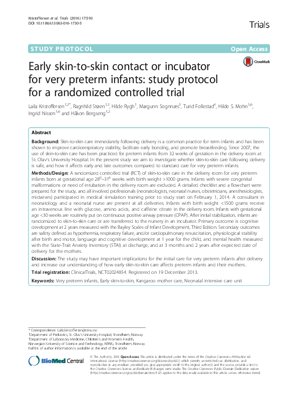 (PDF) Early skin-to-skin contact or incubator for very preterm infants ...