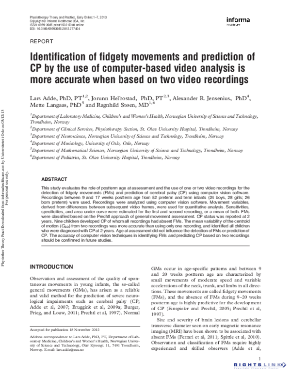 (PDF) Identification of fidgety movements and prediction of CP by the ...