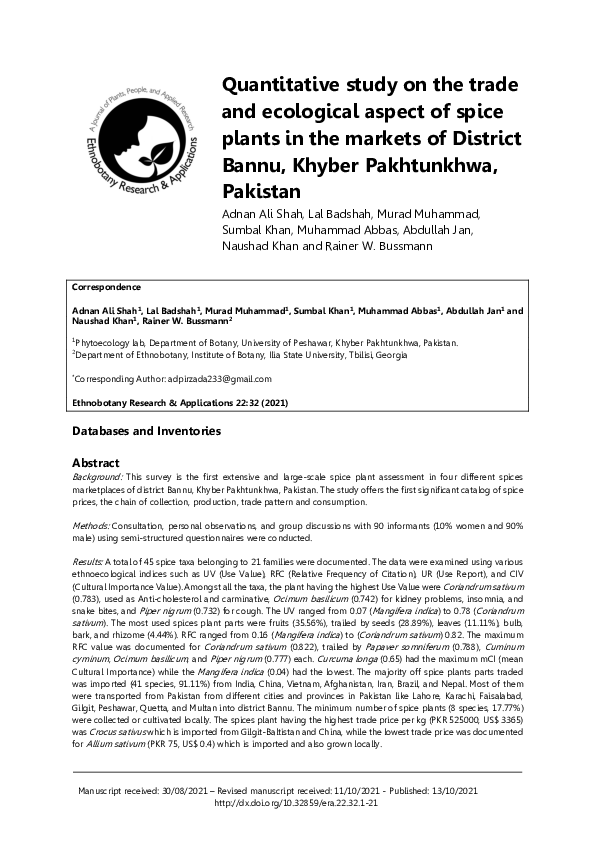 (PDF) Quantitative study on the trade and ecological aspect of spice plants in the markets of ...