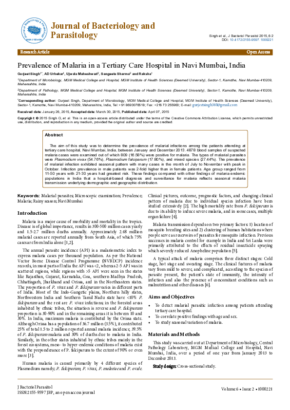 (PDF) Prevalence of Malaria in a Tertiary Care Hospital in Navi Mumbai ...