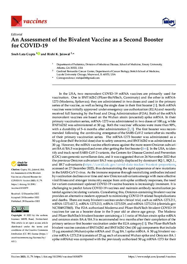 (PDF) An Assessment of the Bivalent Vaccine as a Second Booster for ...