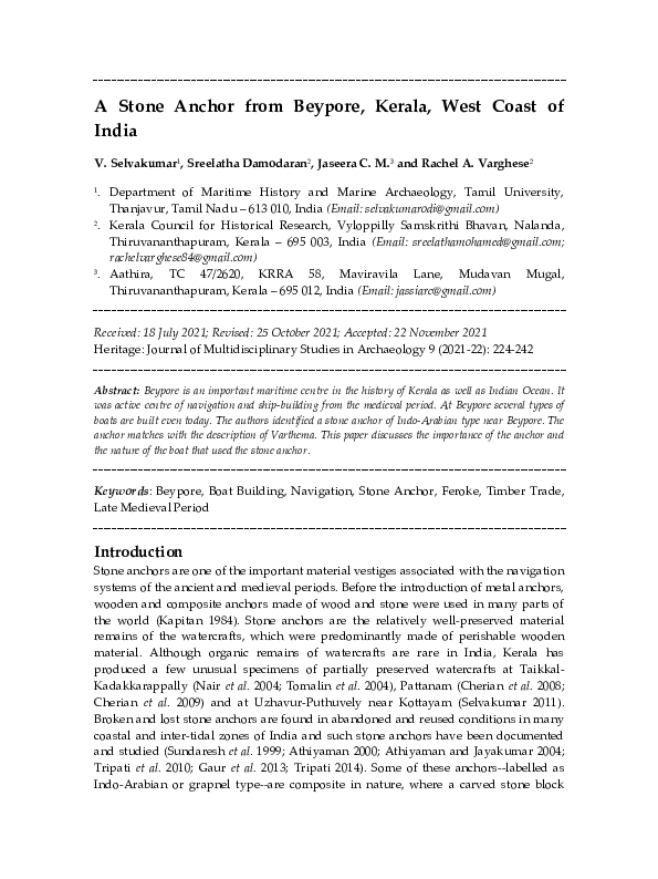 (PDF) A Stone Anchor from Beypore, Kerala, West Coast of India by ...
