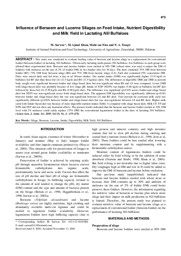 (PDF) Influence of Berseem and Lucerne Silages on Feed Intake, Nutrient Digestibility and Milk ...