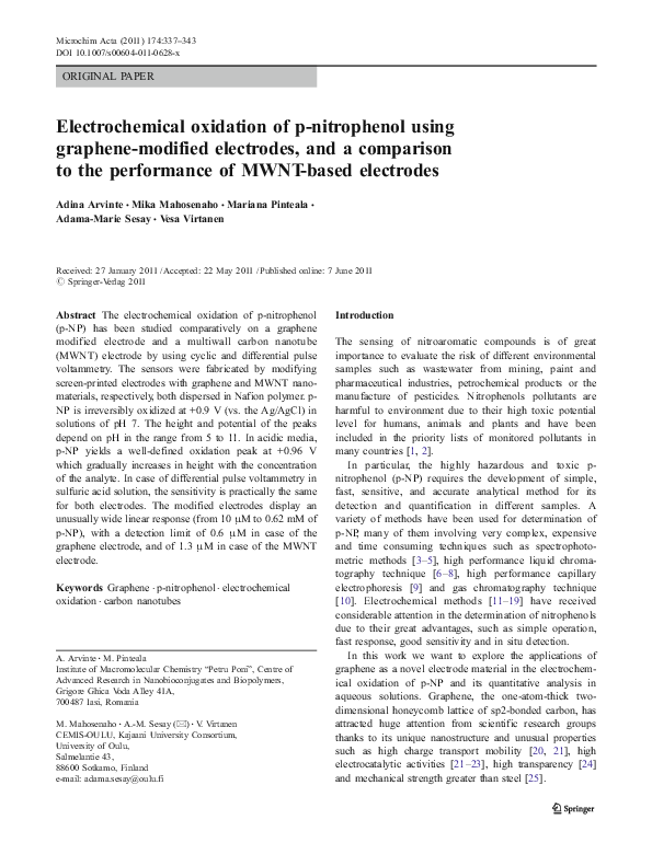 (PDF) Electrochemical oxidation of p-nitrophenol using graphene ...