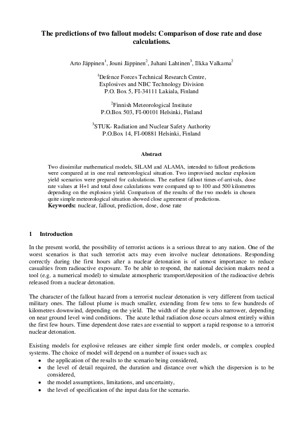 (PDF) The predictions of two fallout models: Comparison of dose rate ...