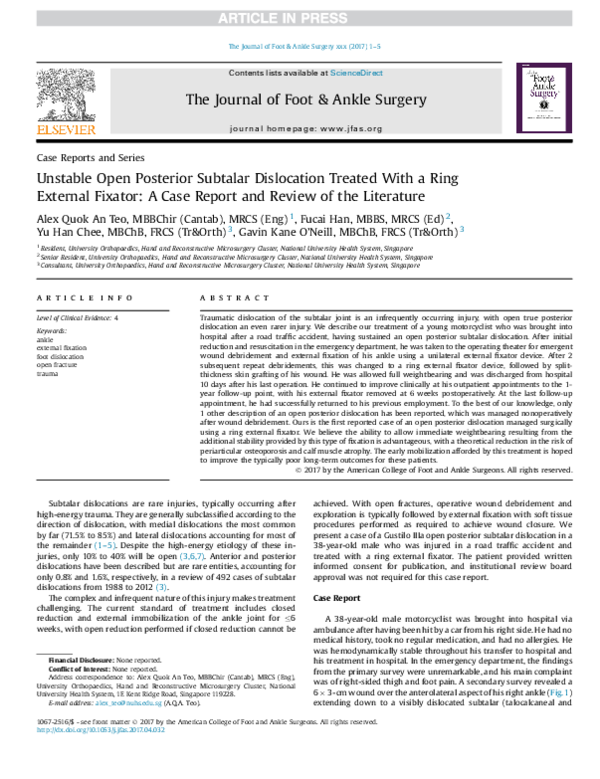 (PDF) Unstable Open Posterior Subtalar Dislocation Treated With a Ring ...