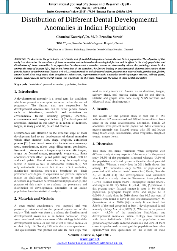 (PDF) Distribution of Different Dental Developmental Anomalies in ...