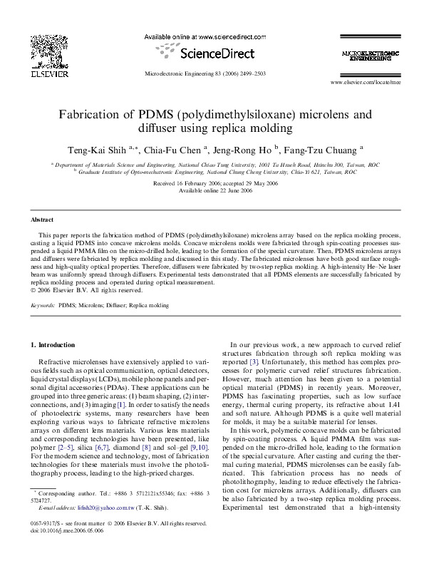 (PDF) Fabrication of PDMS (polydimethylsiloxane) microlens and diffuser using replica molding