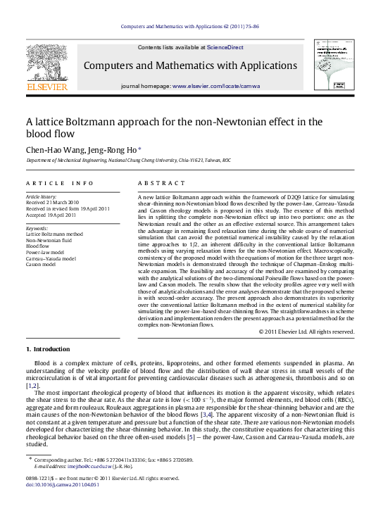 (PDF) A lattice Boltzmann approach for the non-Newtonian effect in the blood flow