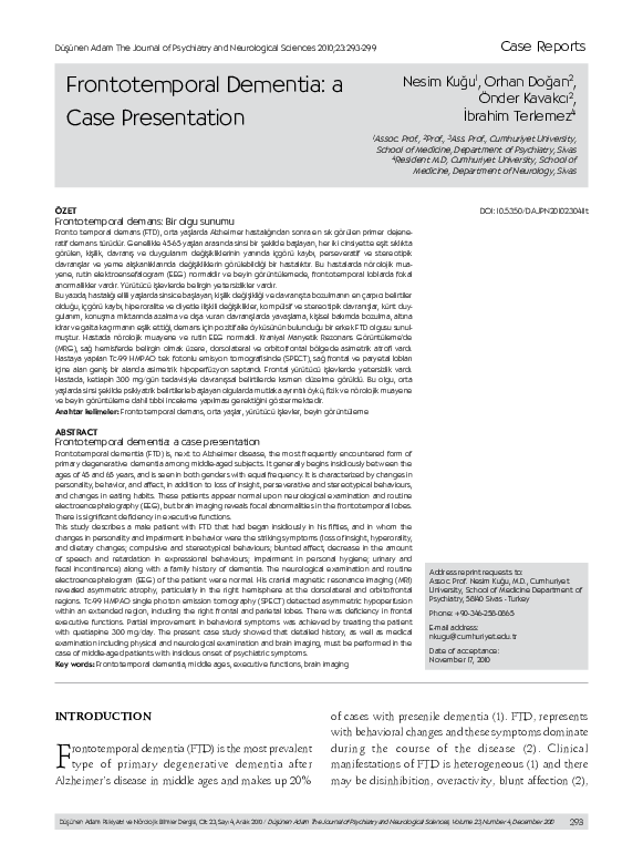 (PDF) Frontotemporal dementia: a case presentation | Orhan Doğan ...