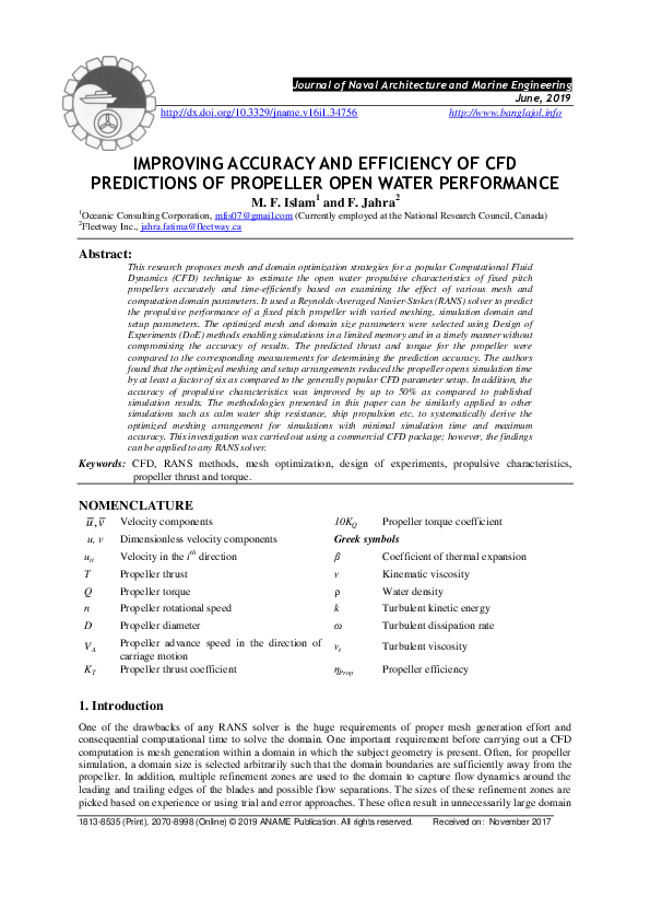 Pdf Improving Accuracy And Efficiency Of Cfd Predictions Of Propeller Open Water Performance