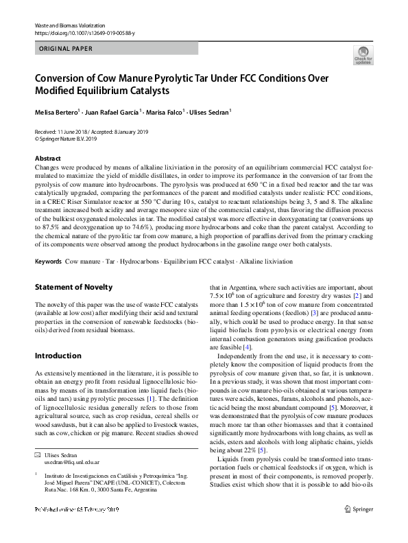 (PDF) Conversion of Cow Manure Pyrolytic Tar Under FCC Conditions Over ...