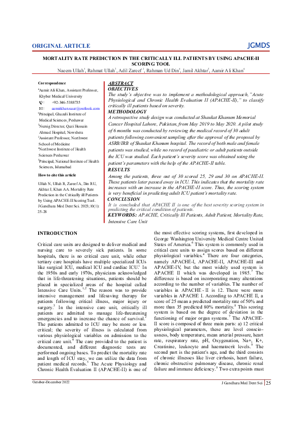 Pdf Mortality Rate Prediction In The Critically Ill Patients By Using Apache Ii Scoring Tool