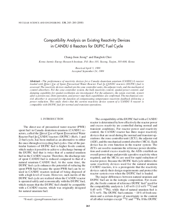 Pdf Compatibility Analysis On Existing Reactivity Devices In Candu 6 Reactors For Dupic Fuel Cycle
