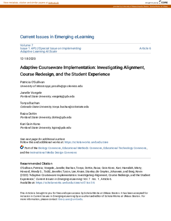 (PDF) Adaptive Courseware Implementation: Investigating Alignment, Course Redesign, and the ...
