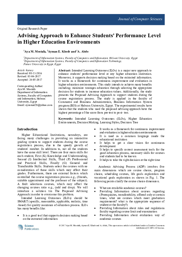 (PDF) Advising Approach to Enhance Students' Performance Level in Higher Education Environments