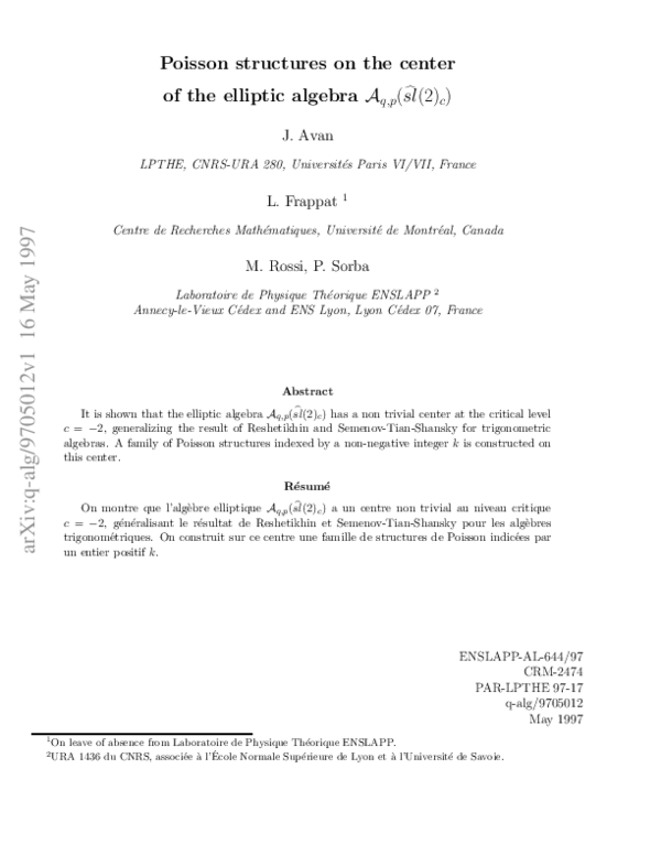 (PDF) Poisson structures on the center of the elliptic algebra