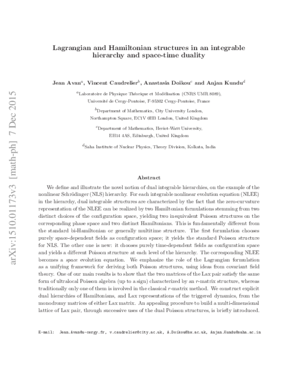(PDF) Lagrangian and Hamiltonian structures in an integrable hierarchy ...