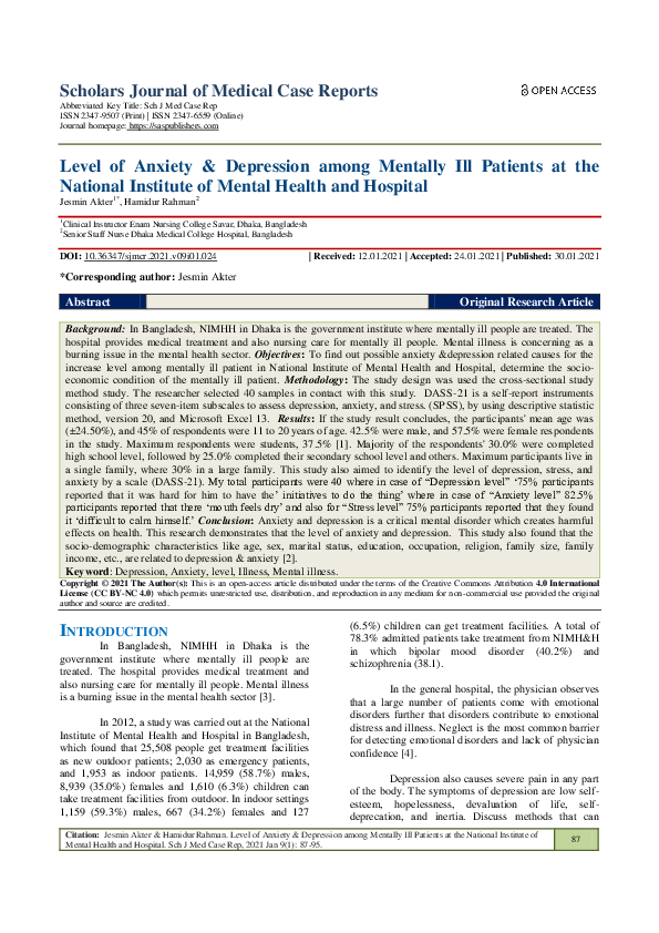 (PDF) Level of Anxiety Depression among Mentally Ill Patients at the ...