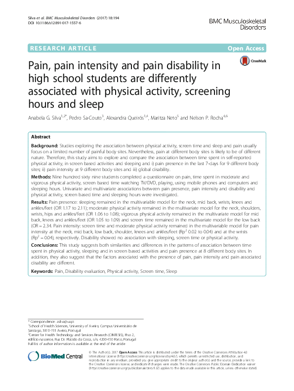 (PDF) Pain, pain intensity and pain disability in high school students are differently ...