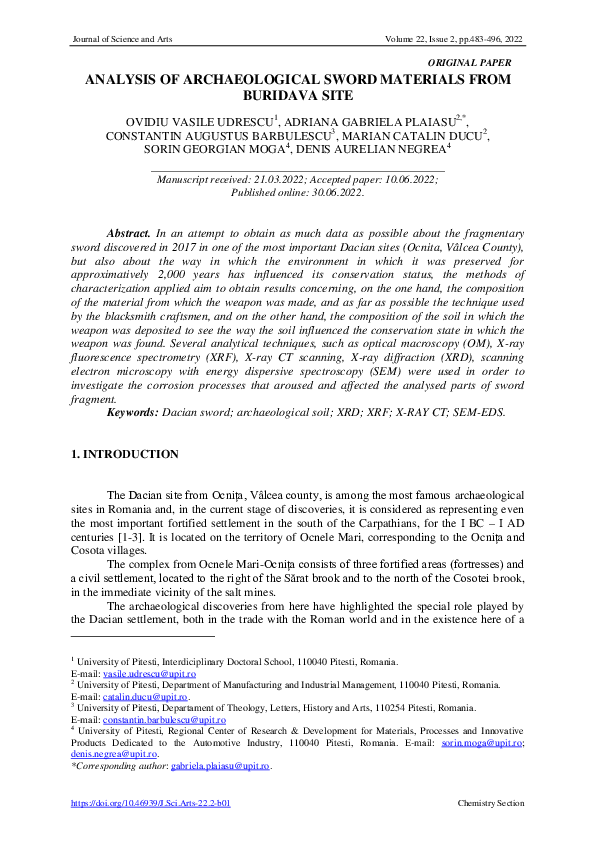 (PDF) Analysis of Archaeological Sword Materials from Buridava Site