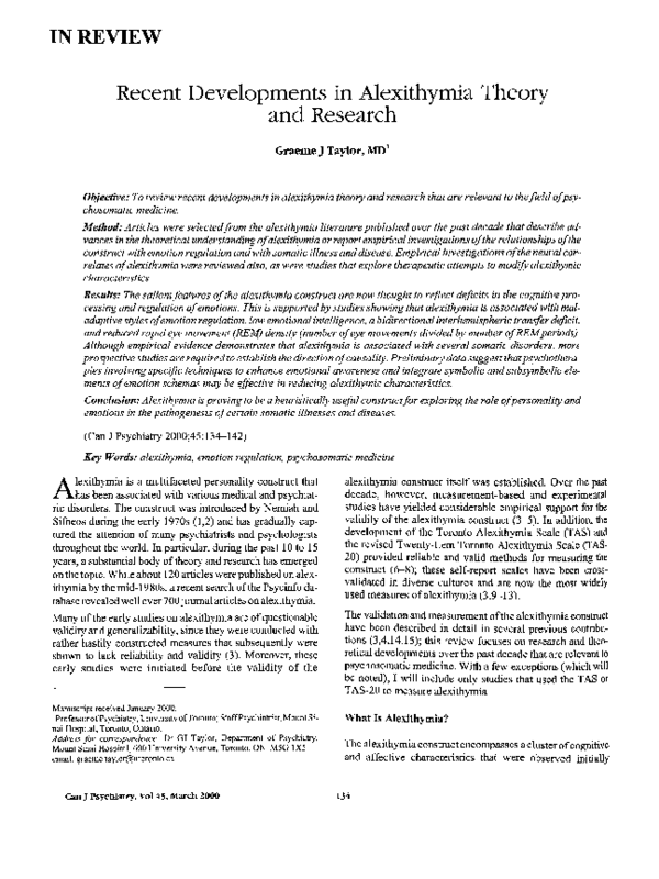(PDF) Recent Developments in Alexithymia Theory and Research
