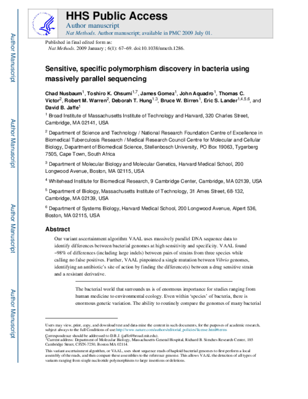 (PDF) Sensitive, specific polymorphism discovery in bacteria using massively parallel sequencing ...