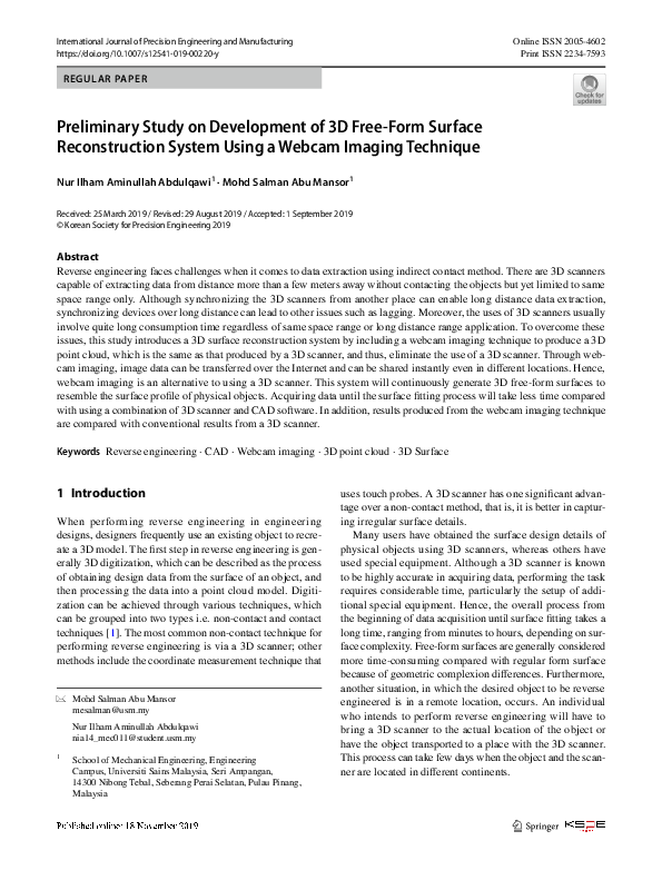 (PDF) Preliminary Study on Development of 3D Free-Form Surface Reconstruction System Using a ...