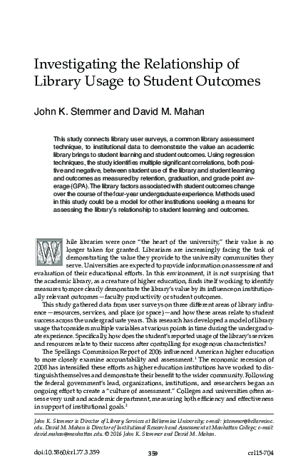 (PDF) Investigating the Relationship of Library Usage to Student Outcomes