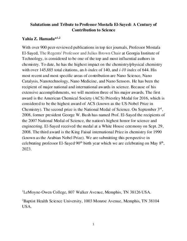 (PDF) Salutations and Tribute to Professor Mostafa El-Sayed: A Century ...