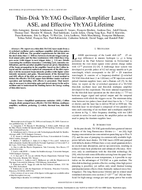 (PDF) Thin-Disk Yb:YAG Oscillator-Amplifier Laser, ASE, and Effective ...