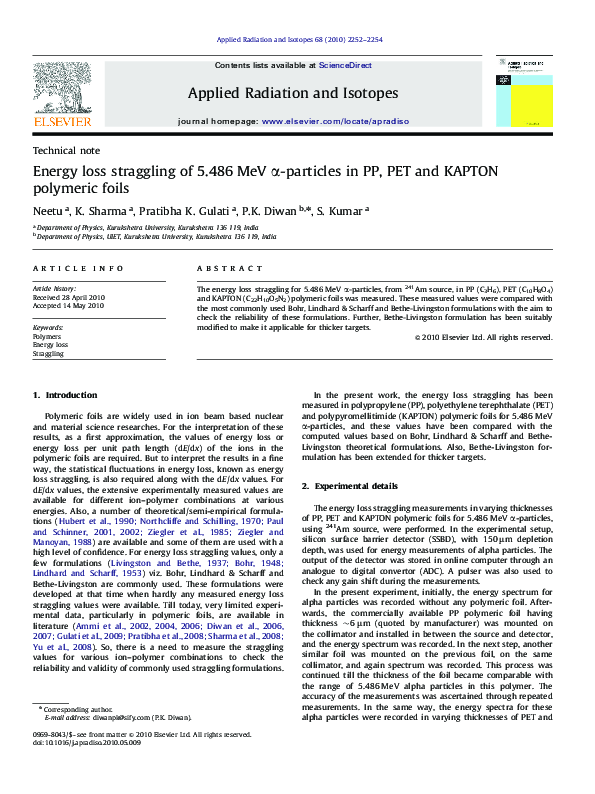 (PDF) Energy loss straggling of 5.486MeV α-particles in PP, PET and ...