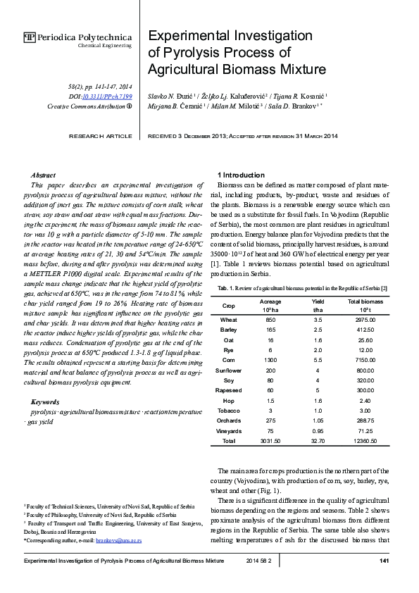 (PDF) EXPERIMENTAL INVESTIGATION OF PYROLYSIS PROCESS OF AGRICULTURAL ...