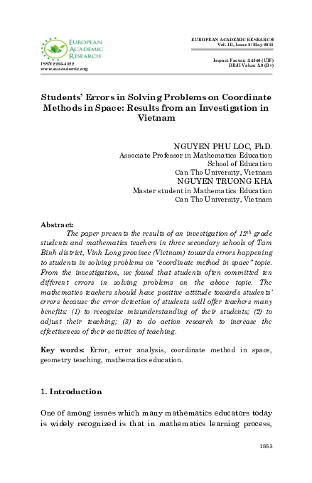 (PDF) Students' Errors in Solving Problems on Coordinate Methods in Space: Results from an ...