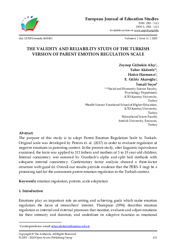 (PDF) The Validity and Reliability Study of the Turkish Version of Parent Emotion Regulation Scale