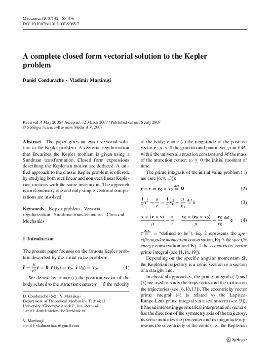 (PDF) A complete closed form vectorial solution to the Kepler problem ...
