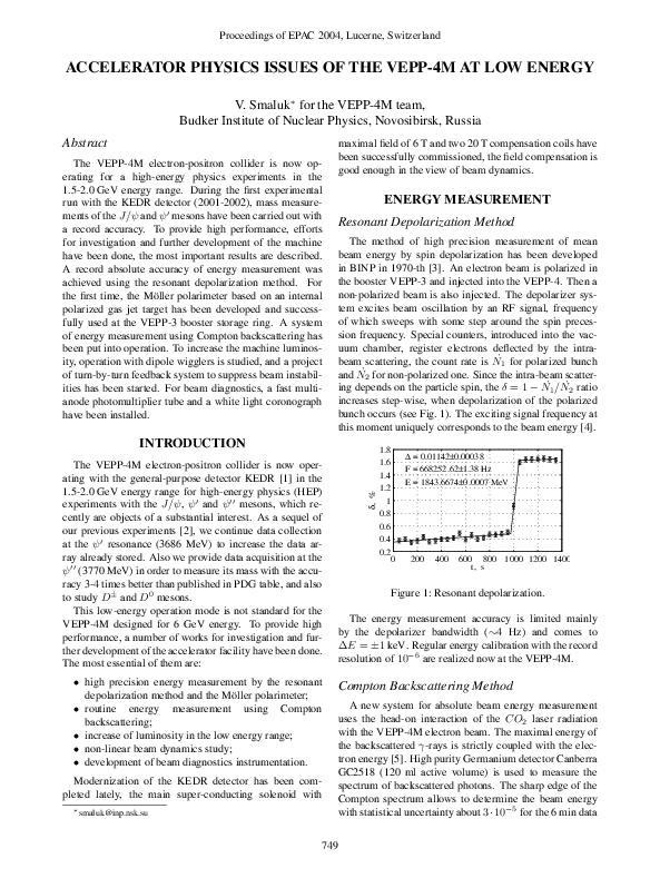 (PDF) Accelerator physics issues of the VEPP-4M at low energy