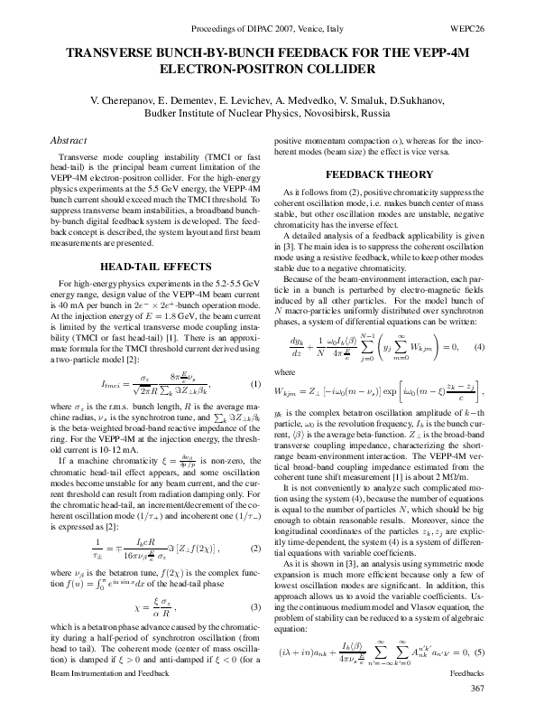 (PDF) Transverse Bunch-by-Bunch Feedback for the VEPP-4M Electron-Positron Collider