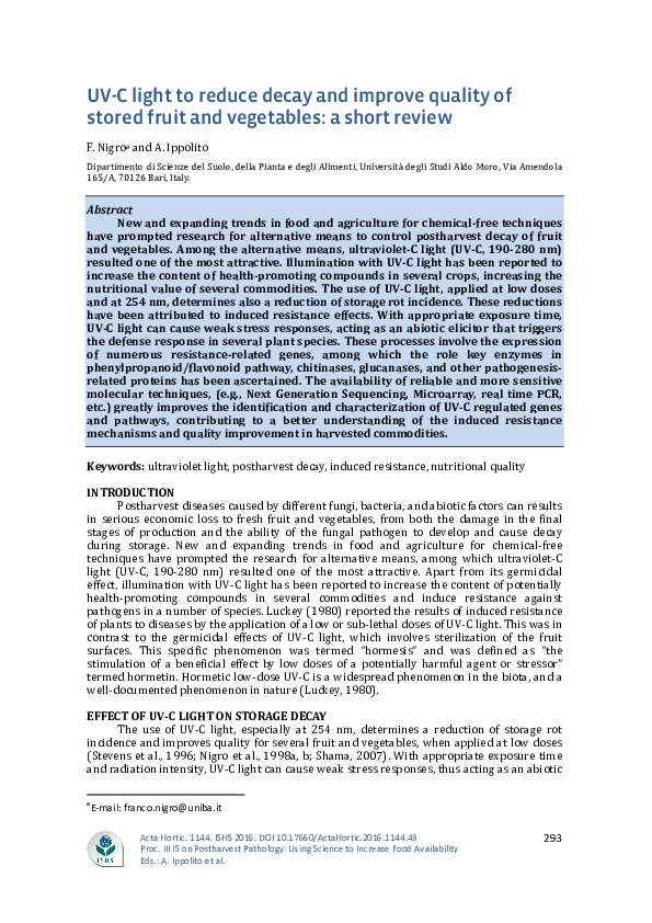 (PDF) UV-C light to reduce decay and improve quality of stored fruit ...