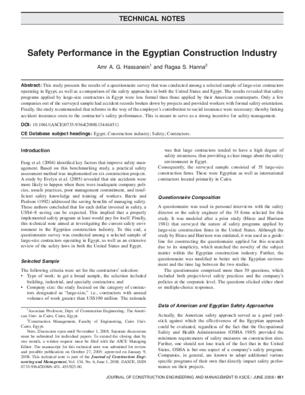 (PDF) Safety Performance in the Egyptian Construction Industry