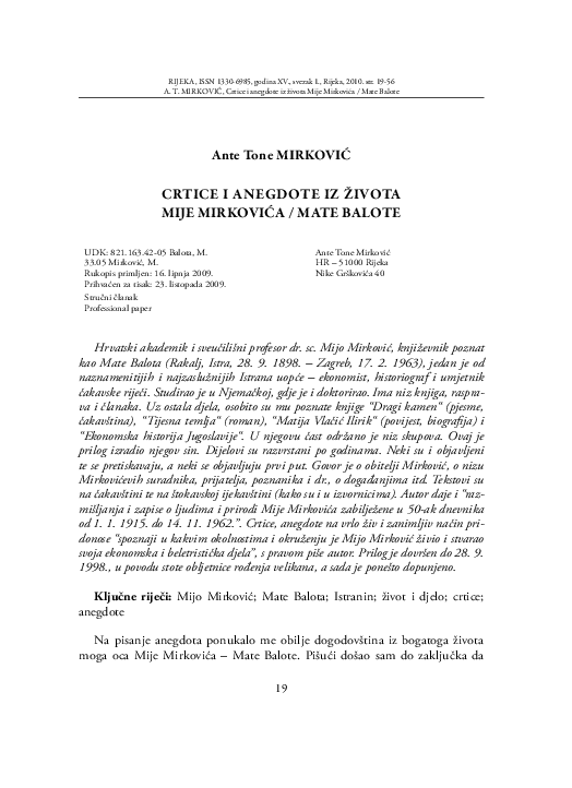 (PDF) Crtice i anegdote iz života Mije Mirkovića / Mate Balote