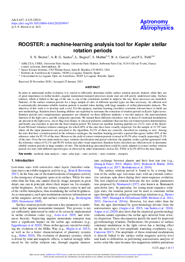 (PDF) ROOSTER: a machine-learning analysis tool for Kepler stellar rotation periods